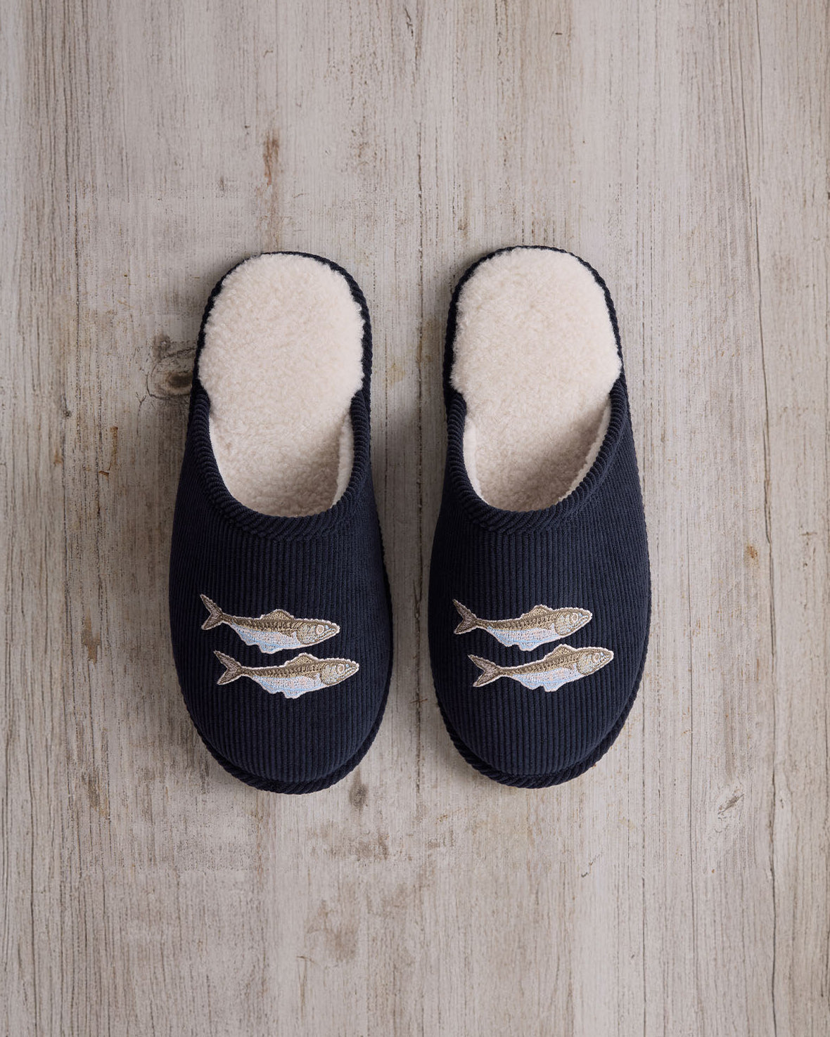 Mens Corduroy Embroidered Fish Slippers – Chelsea Peers