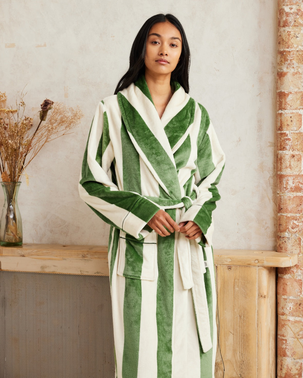 Fleece Stripe Long Dressing Gown - Green – Chelsea Peers