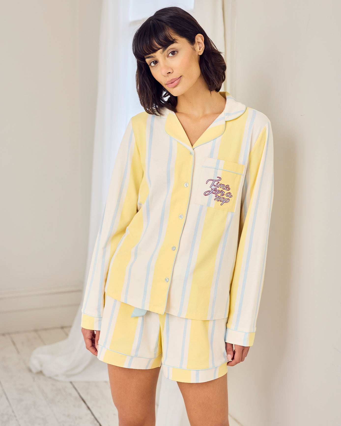 Organic Cotton Embroidered Time for a Nap Short Pyjama Set - Yellow ...